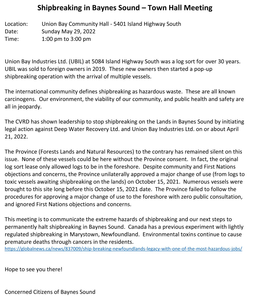Baynes Sound residents planning town hall to discuss Union Bay ...
